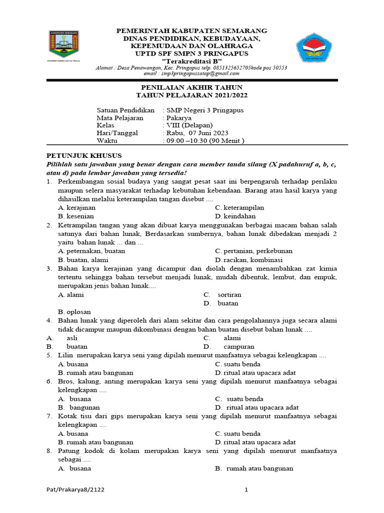 SOAL PAT KERAJINAN 2 KELAS 8 PRAKARYA 23 Susulan | PDF