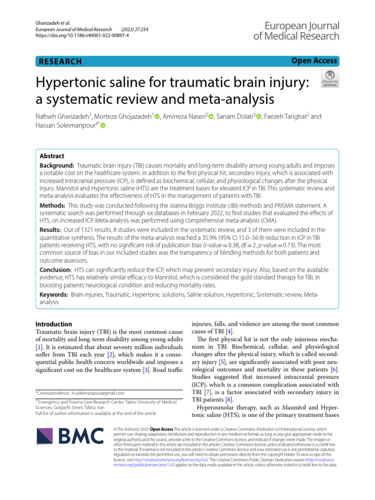 Hypertonic Saline For Traumatic Brain Injury - Systematic Review and Meta-Analysis | PDF ...
