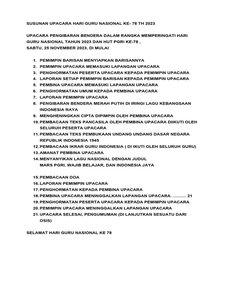 Susunan Upacara Hari Guru Nasional Ke | PDF
