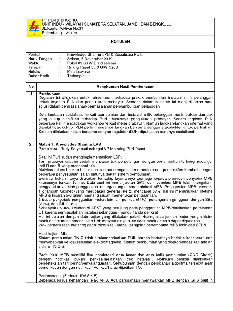 Notulen Ks LPB - Sosialisasi Puil Regsum 05112019 | PDF | Bisnis | Teknologi & Rekayasa