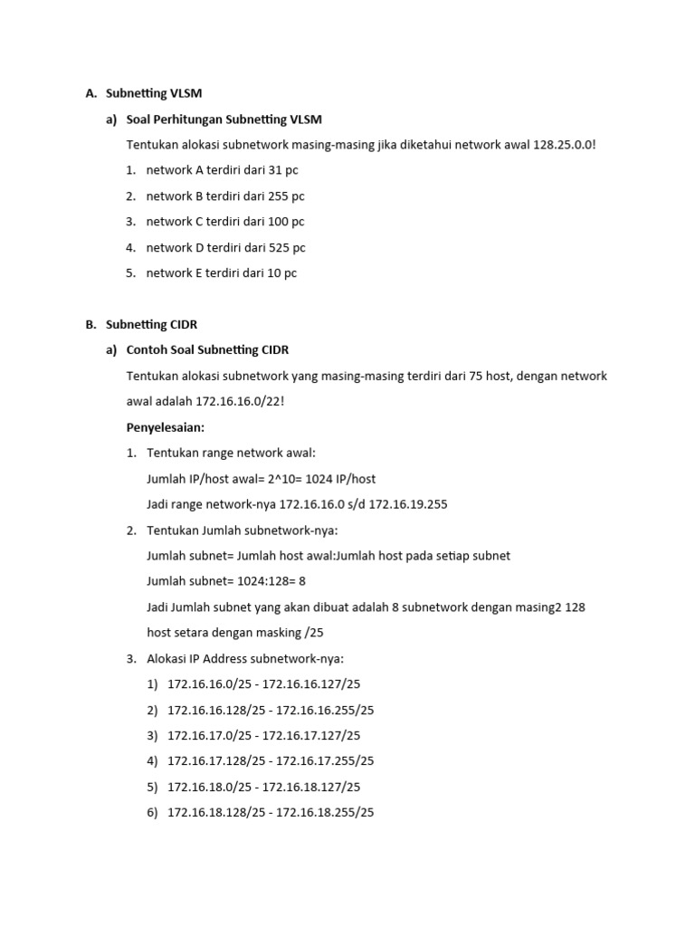 Soal Subnetting VLSM Dan CIDR | PDF | Teknologi & Rekayasa