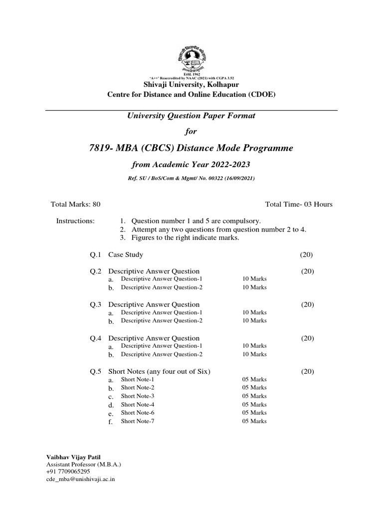 MBA Question Paper Format | PDF | Academic Degree