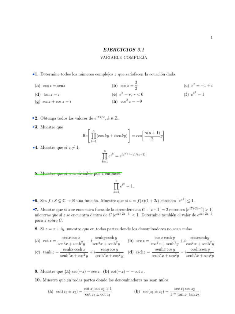 Ejercicios 3.1 Variable Compleja | PDF | Análisis matemático | Matemáticas