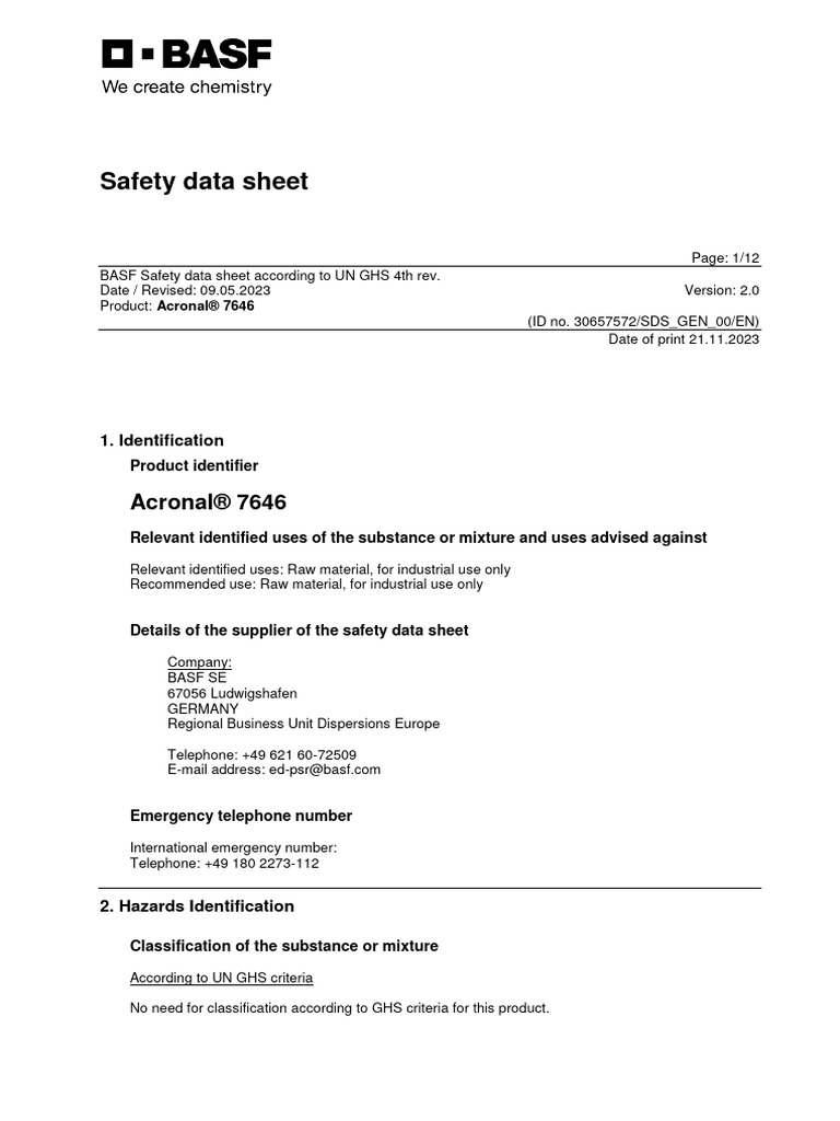 Acronal+7646 000000000030657572 SDS GEN 00 en 2-0 | PDF | Dangerous ...