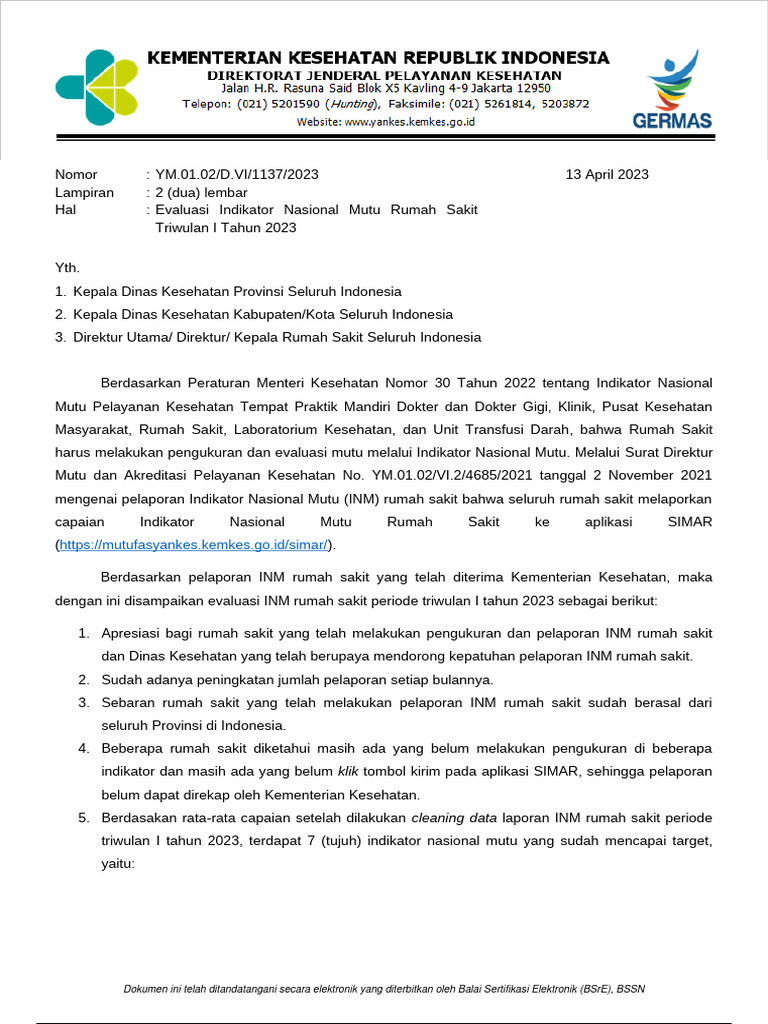 Surat Evaluasi Inm RS TW I Tahun 2023 | PDF