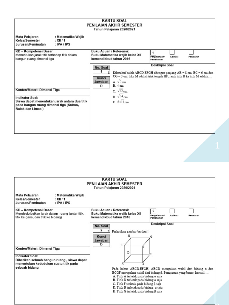 Kartu Soal Pas SMTR Ganjil Math Wajib TP 2021 | PDF
