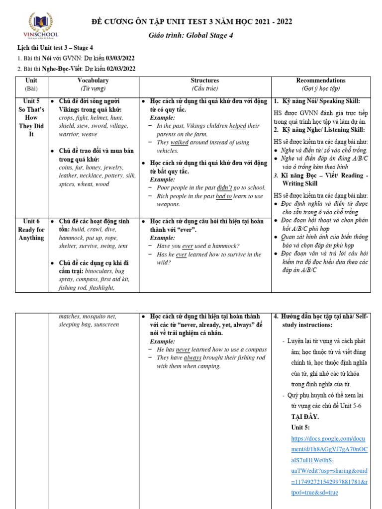 GS4 - 4A4 - ĐỀ CƯƠNG ÔN TẬP UNIT TEST III NĂM HỌC 2021 - 2022 | PDF