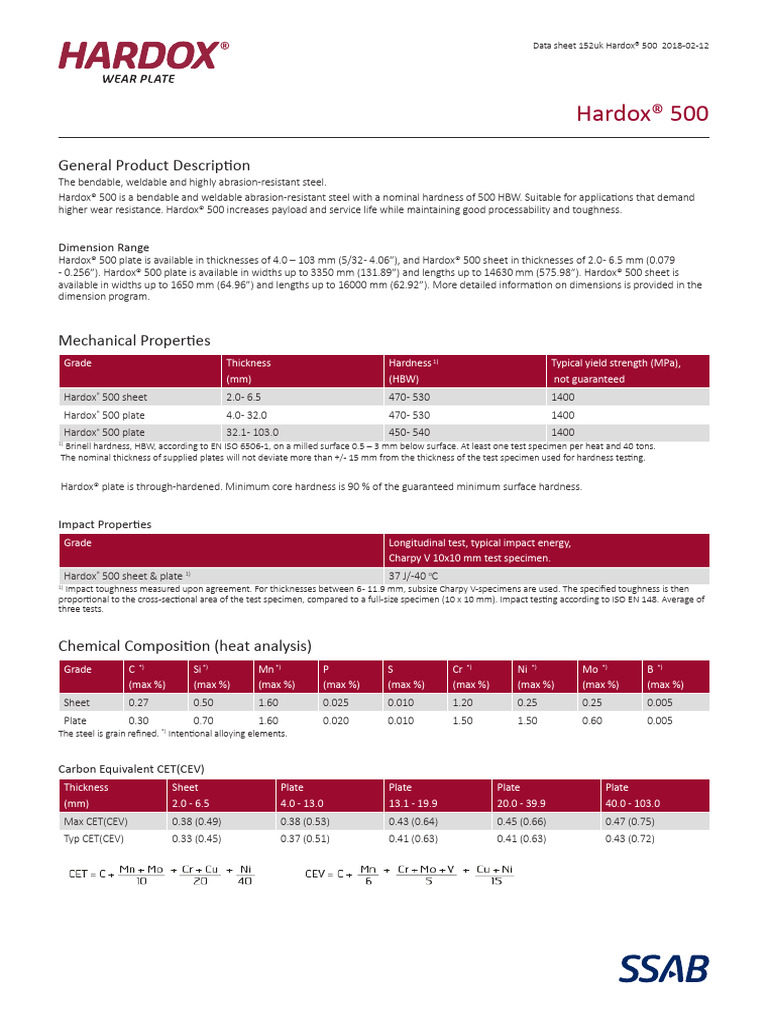Hardox 500 Datasheet | Download Free PDF | Sheet Metal | Hardness