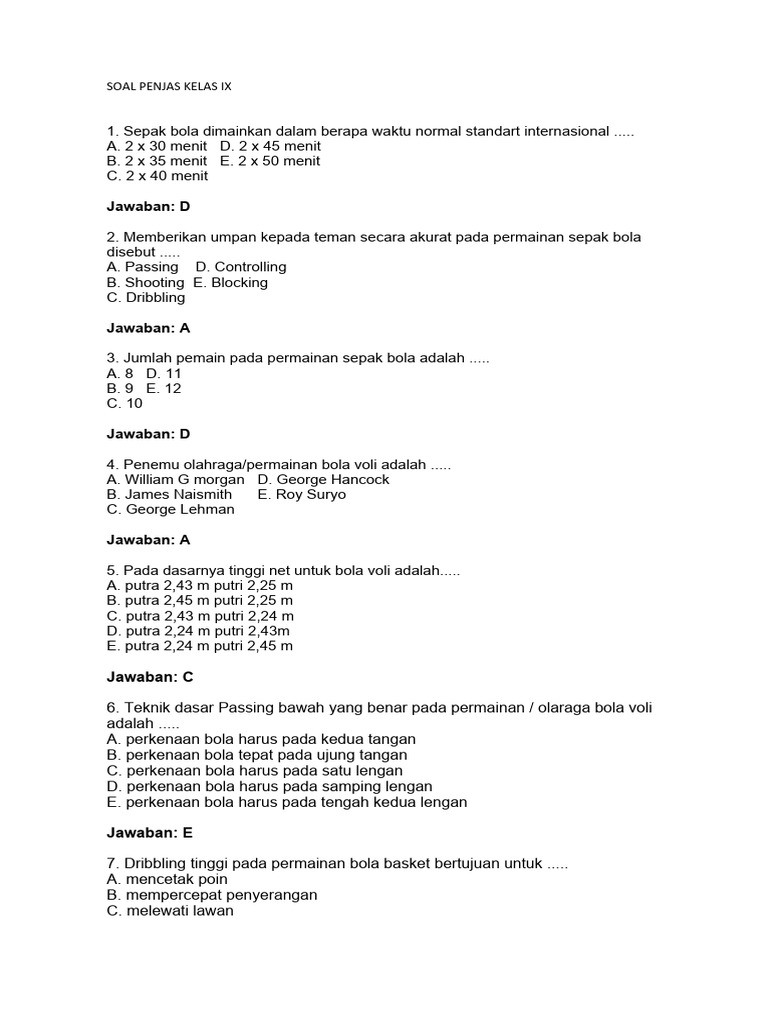 SOAL PENJAS KELAS IX - Docx 2023 | PDF