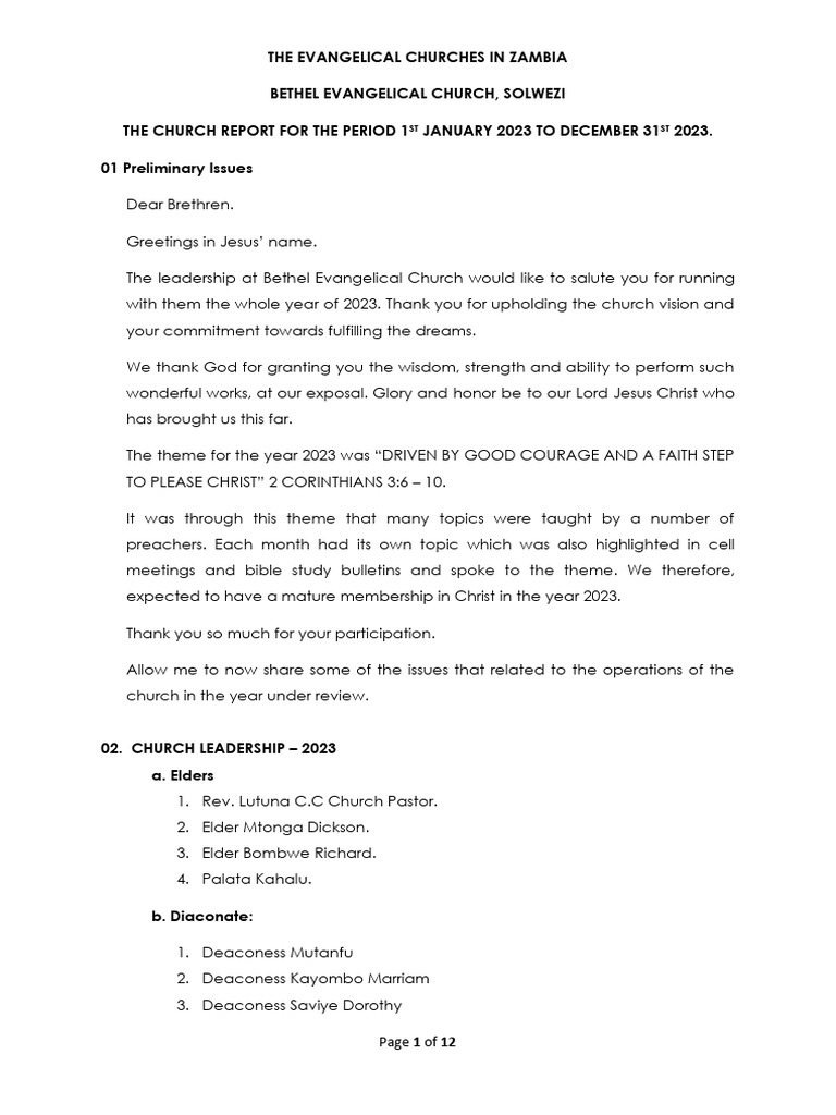 Bethel Church Annual Report 2023 | PDF | Deacon | Elder (Christianity)
