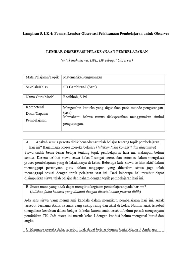 Lampiran 5. LK 4 Format Lembar Observasi Pelaksanaan Pembelajaran Untuk Observer | PDF
