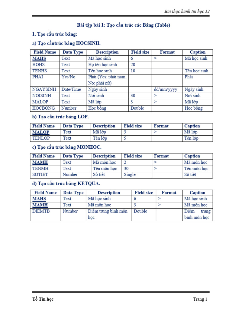 Thuc Hanh Access Tin Hoc 12 Tao Table 1711202110 | PDF
