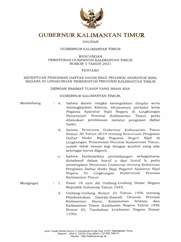Pergub Kaltim 05-2021 TTG Ketentuan Pengisian Daftar Hadir Bagi Pegawai ...