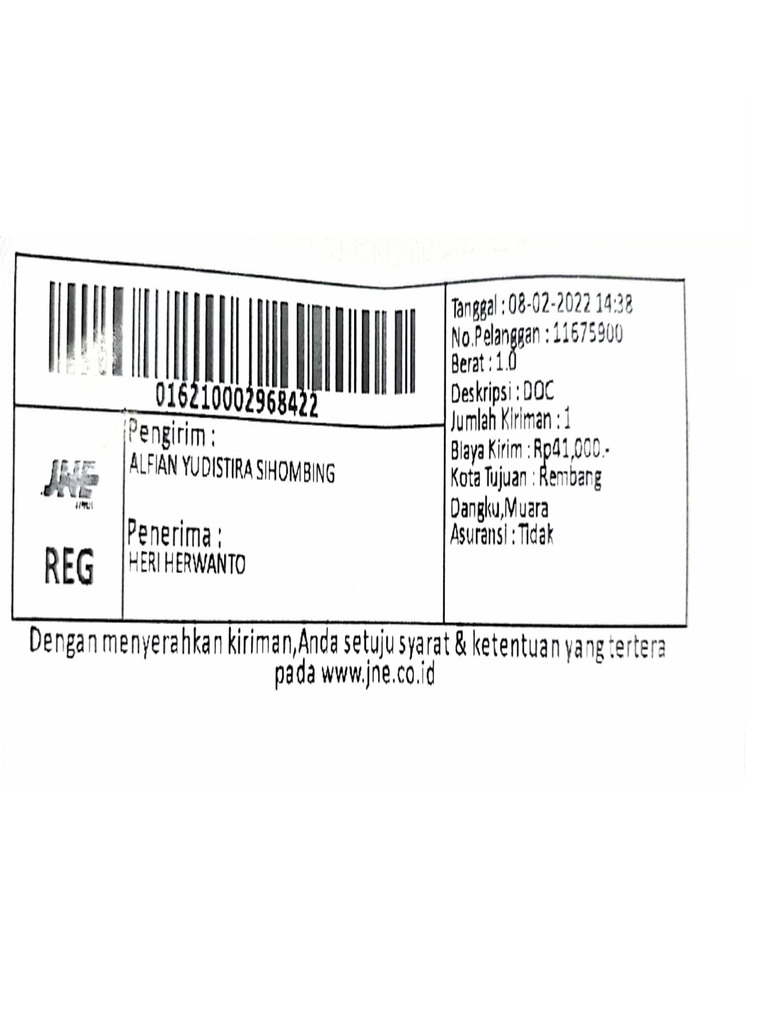 No Resi Pengiriman JNE | PDF