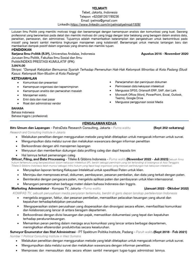 Curriculum Vitae - Yelmiati (Bahasa Indonesia Version) | PDF