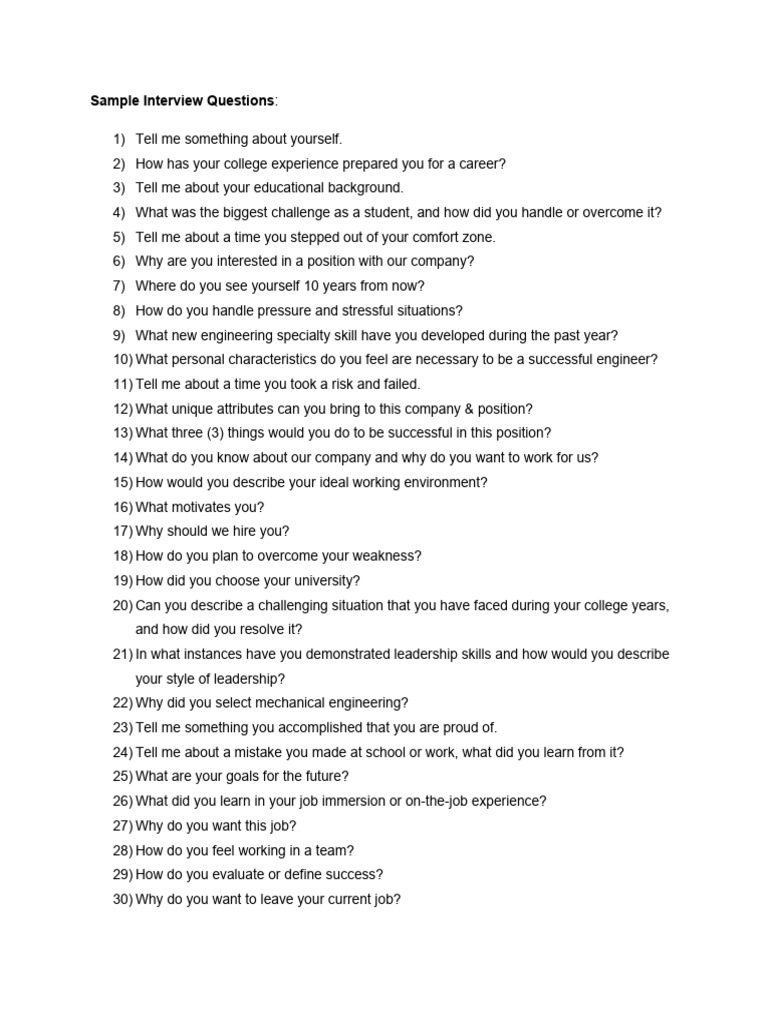 Sample Interview Questions | PDF | Leadership | Social Psychology