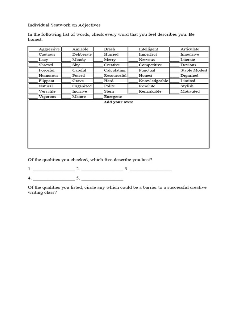 Individual Seatwork On Adjectives | PDF Individual Seatwork On Adjectives | PDF