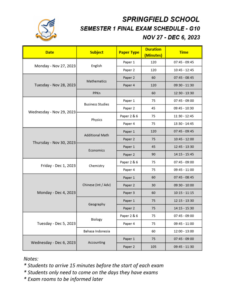G10 Semester 1 Final Exam Schedule | PDF