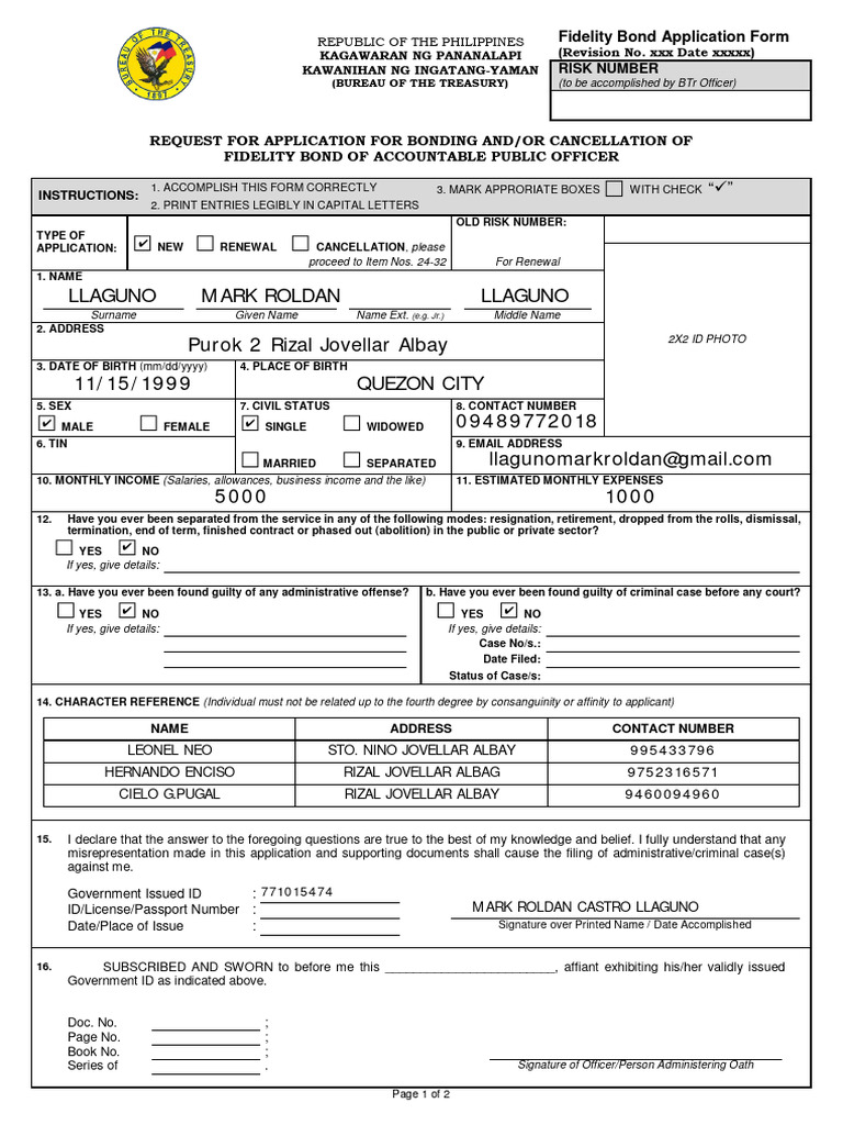 Fidelity Bond Application Form Fillable v1.0 - (1) - (1) - (1) | PDF ...