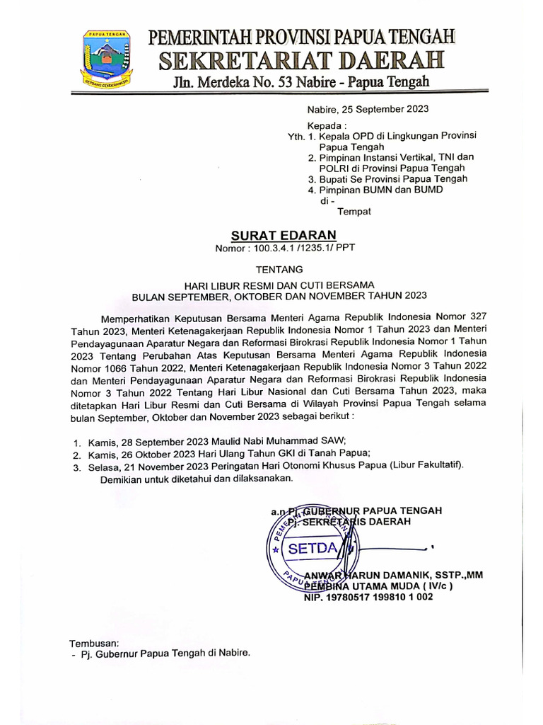 Surat Edaran TTG Hari Libur & Cuti Bersama Bulan September, Oktober ... Surat Edaran TTG Hari Libur & Cuti Bersama Bulan September, Oktober ...