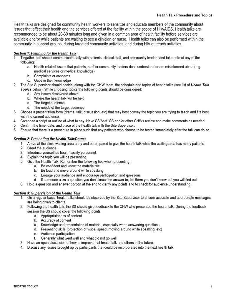 Health Talk Procedure and Topics 2.0 | PDF | Sexually Transmitted ...