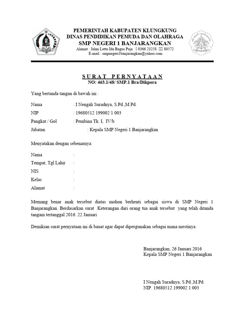 Surat Pernyataan Sekolah | PDF