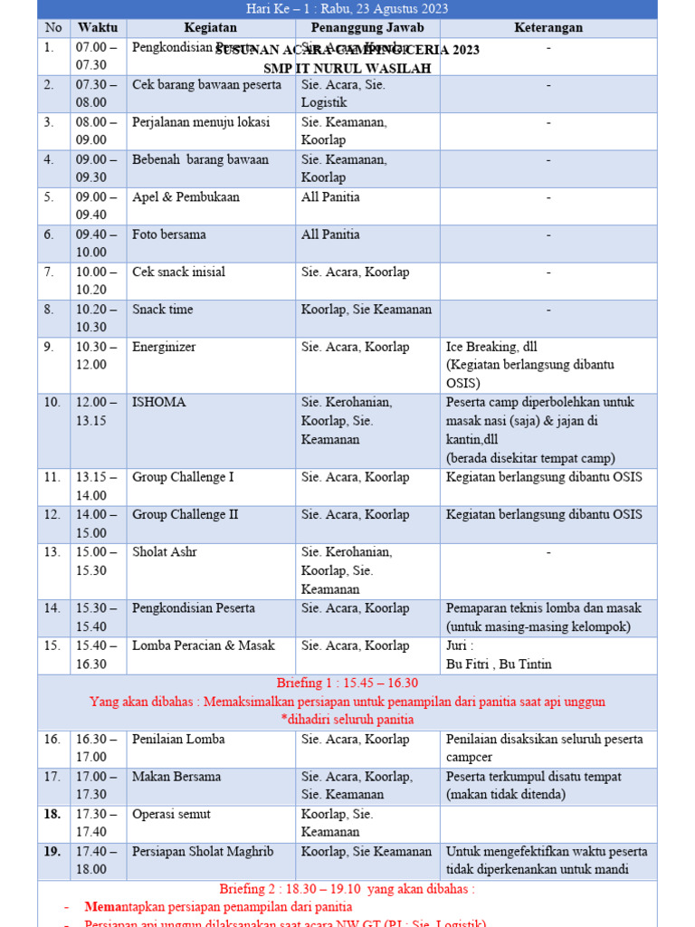 Susunan Acara Camping Ceria 2023 | PDF