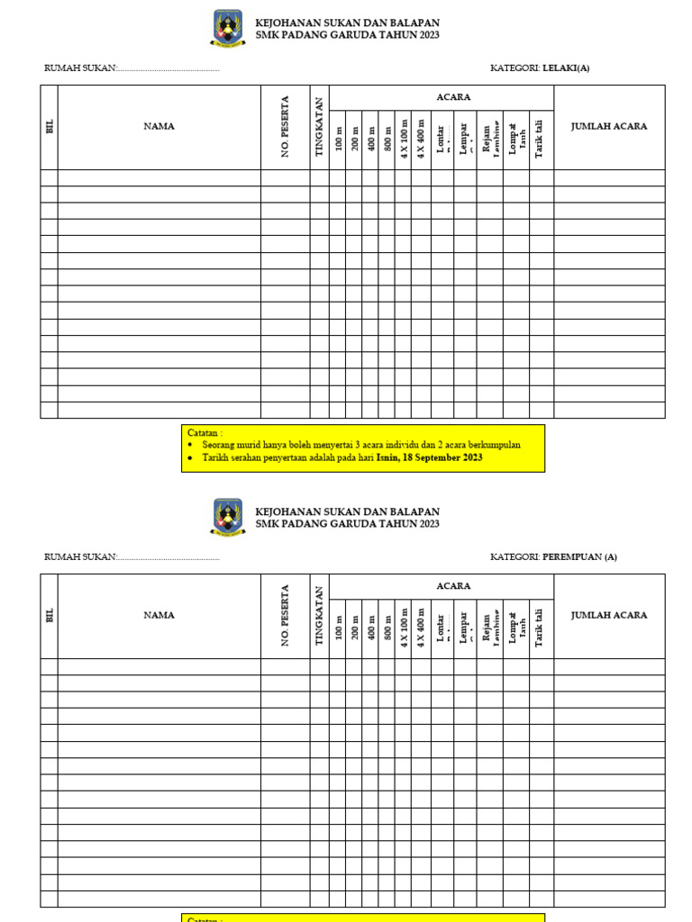 Borang Penyertaan Sukan | PDF