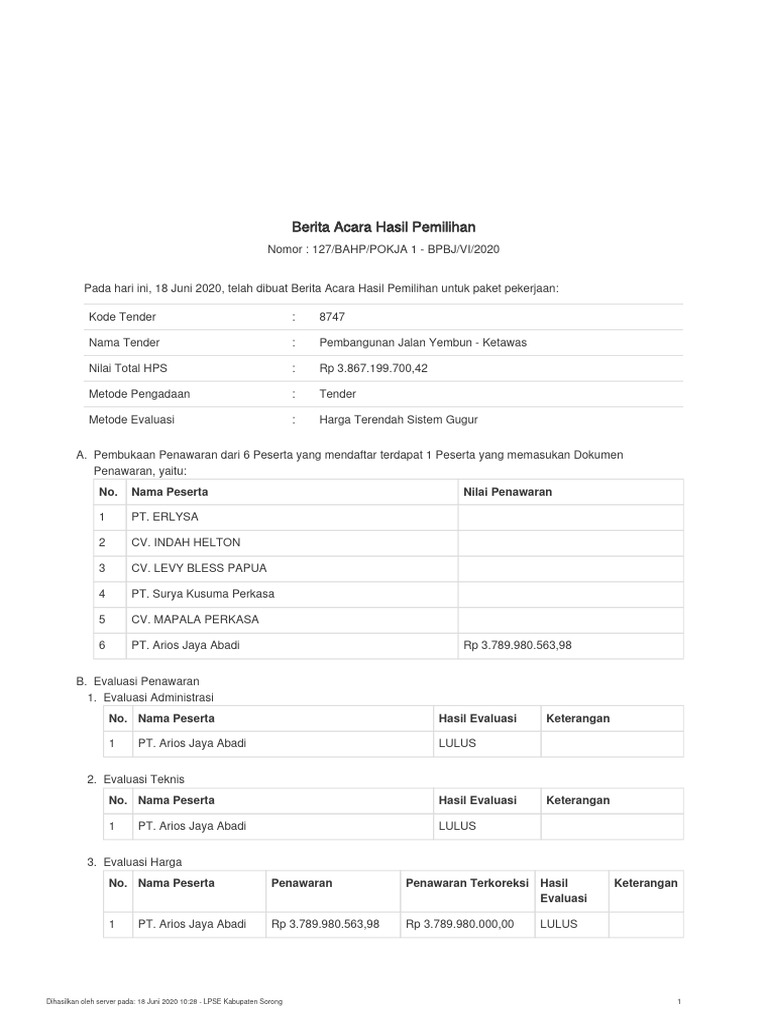Berita Acara Hasil Pemilihan-8747 | PDF