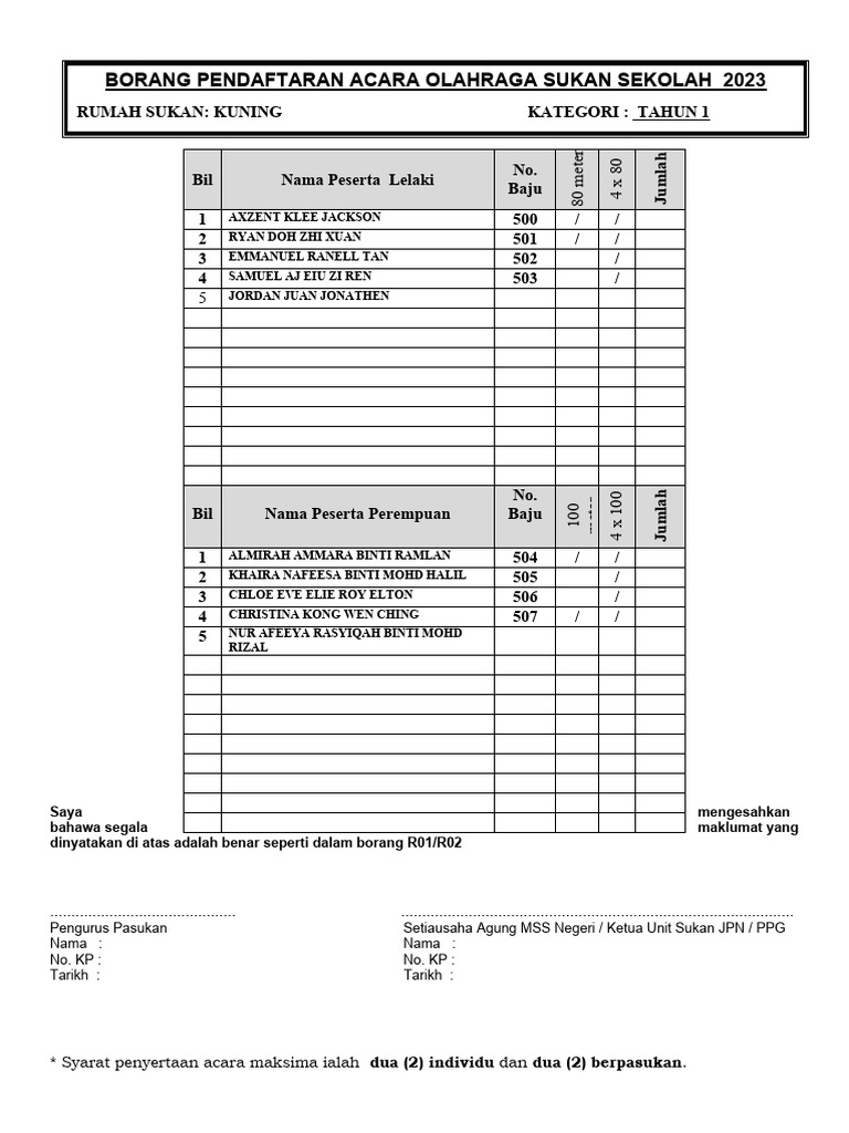 Tahun 1 Borang R03 Daftar Acara | PDF