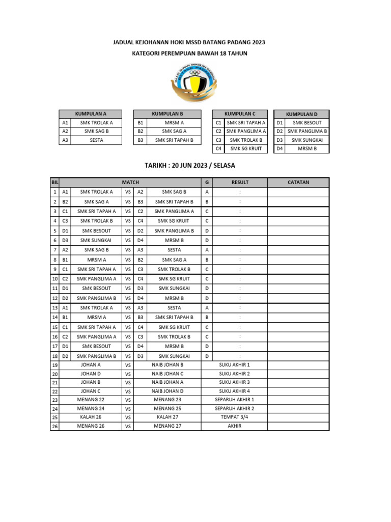 Jadual Hoki P18 MSSD 2023 | PDF