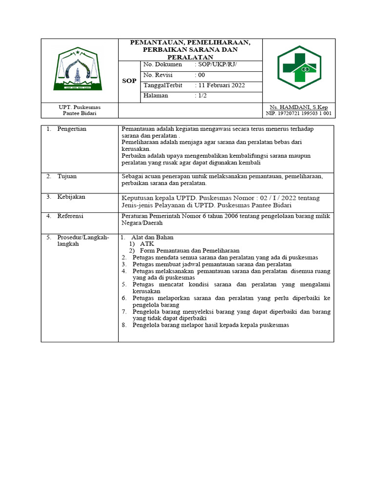 Sop 8.5.1.4 Pemantauan, Pemeliharaan, Perbaikan Sarana Dan Peralatan | PDF | Sains & Matematika ...