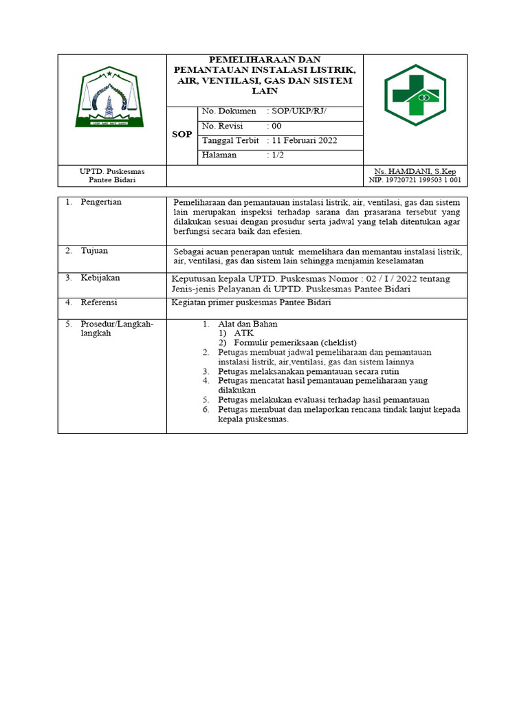 Sop 8.5.1.2 Pemeliharaan Dan Pemantauan Instalasi Listrik, Air, Ventilasi | PDF | Teknologi ...