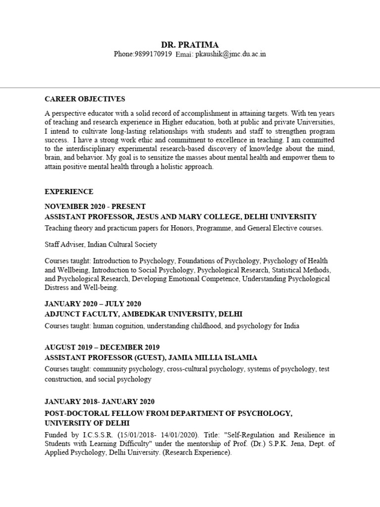 CV - Dr. Pratima (1) - Dr. Pratima Kaushik | PDF | Psychology | Mental Disorder
