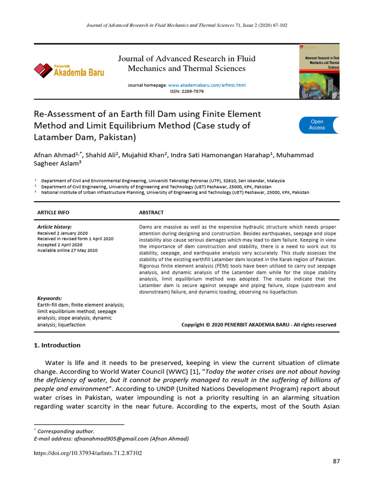 Re-Assessment of An Earth Fill Dam Using Finite Element Method and ...