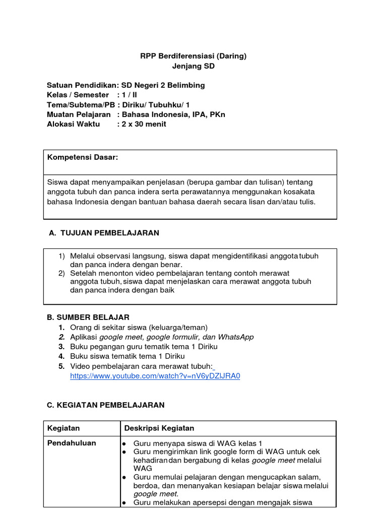 RPP Berdiferensiasi Daring Kelas 1 SD | PDF