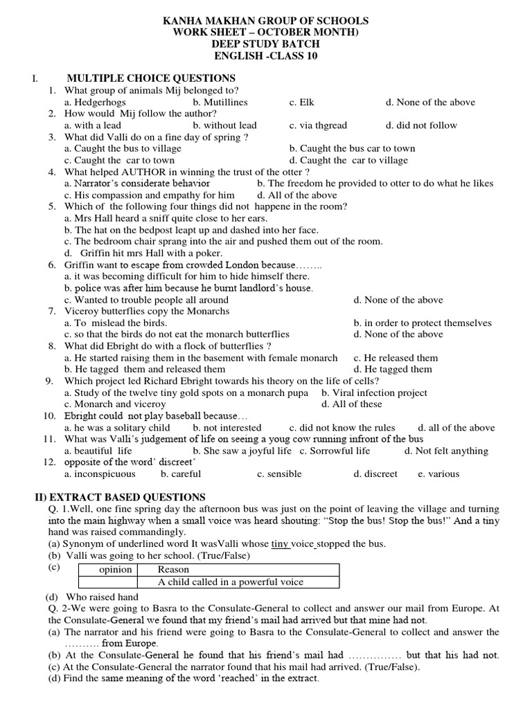 Class 10 English Worksheet - October | PDF | General Fiction