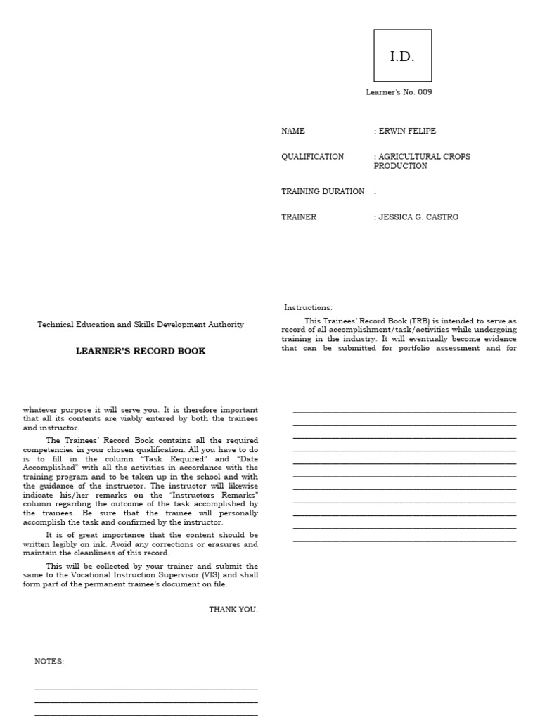 Agricultural Training Record Book | PDF | Learning