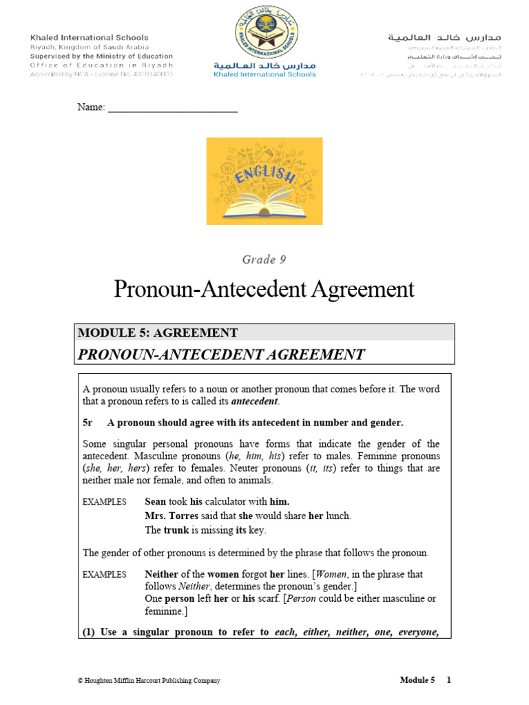 Pronoun and Antecedent Agreement (Examples) | PDF | Grammatical Gender ...