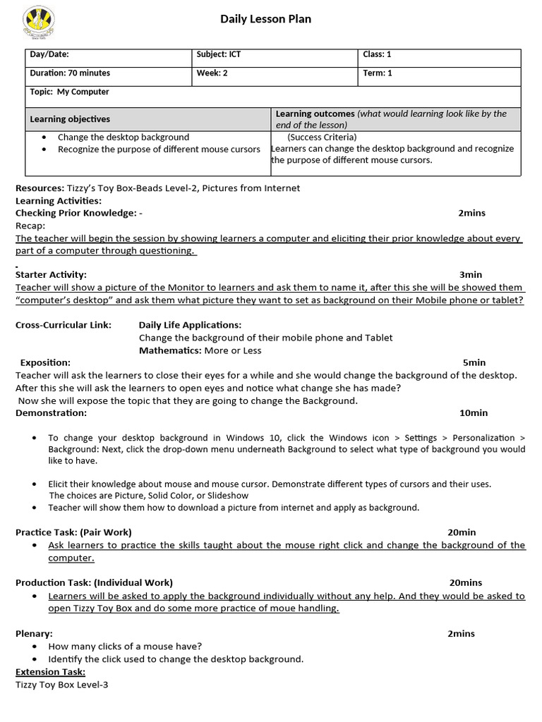 Week 2 Grade 1 Pdf Learning Desktop Computer