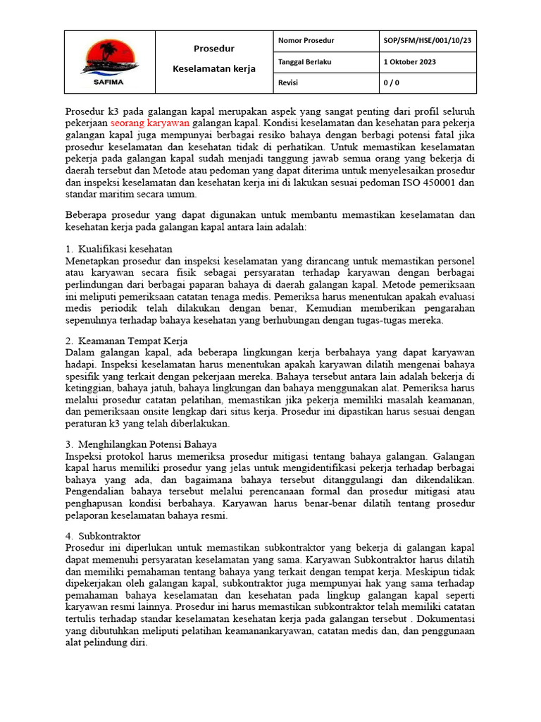 SOP-HSE-001-Prosedur Keselamatan Kerja | PDF