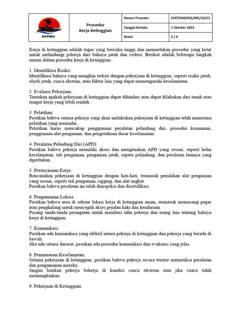 SOP-HSE-005-Prosedur Kerja Ketinggian | PDF
