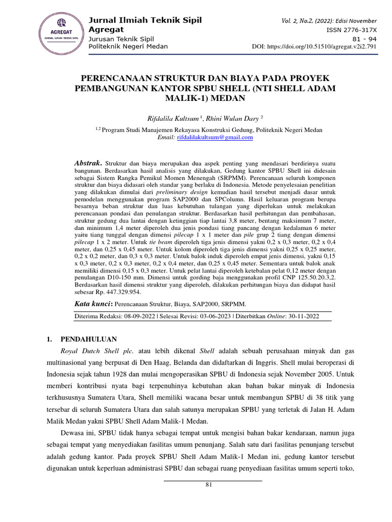 Perencanaan Struktur Dan Biaya Pada Proyek Pembangunan Kantor Spbu Shell (Nti Shell Adam Malik-1 ...