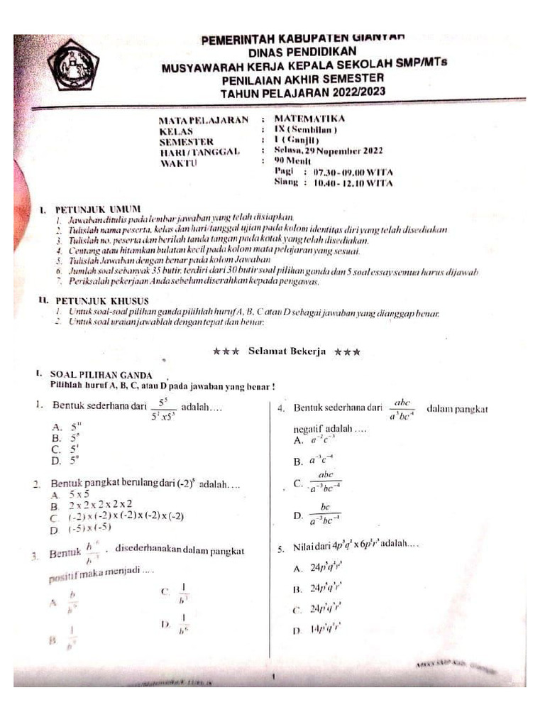 Soal PAS MTK Kelas IX Tahun 2022 Semester Ganjil | PDF