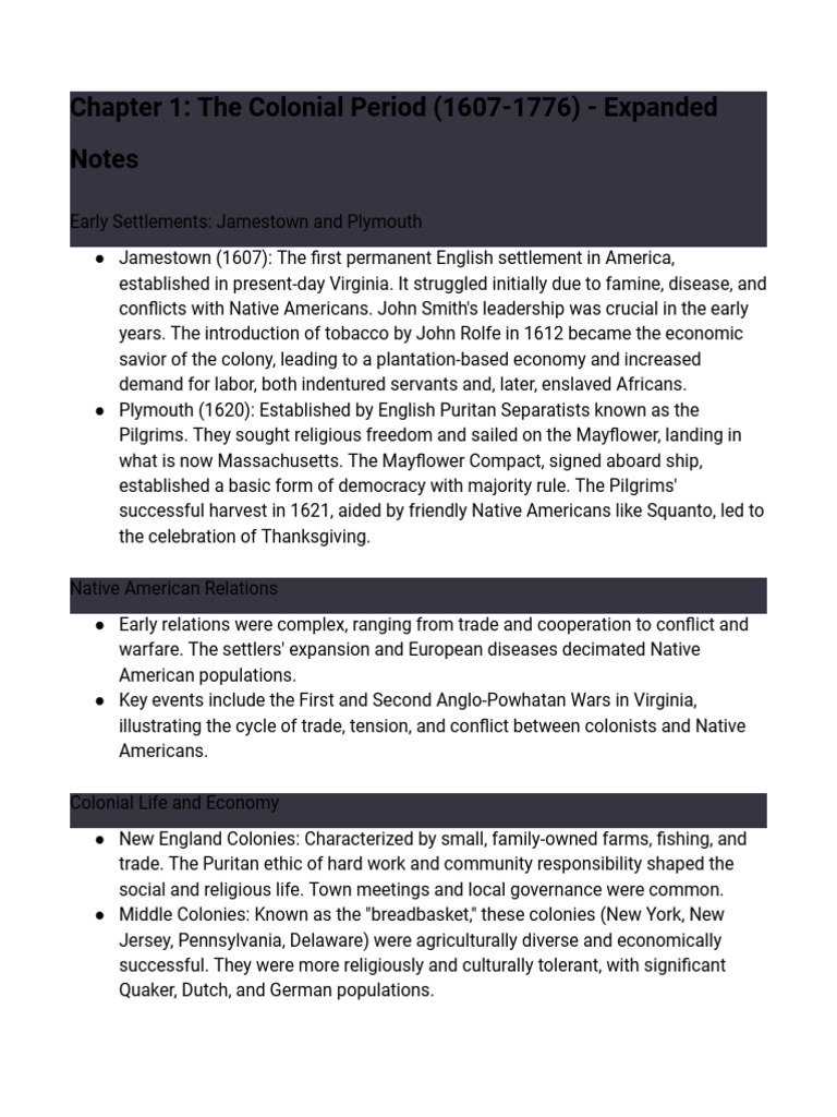 Chapter 1 - The Colonial Period (1607-1776) - Expanded Notes | PDF ...