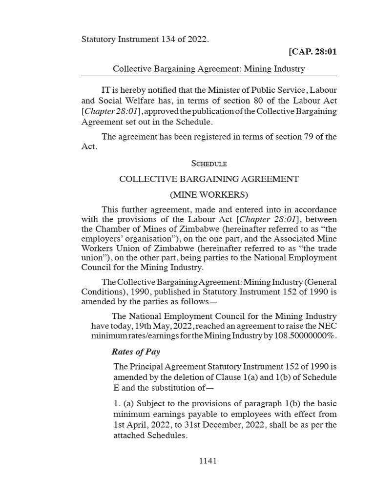 S.I. 134 of 2022 Collective Bargaining Agreement Mining Industry | PDF ...