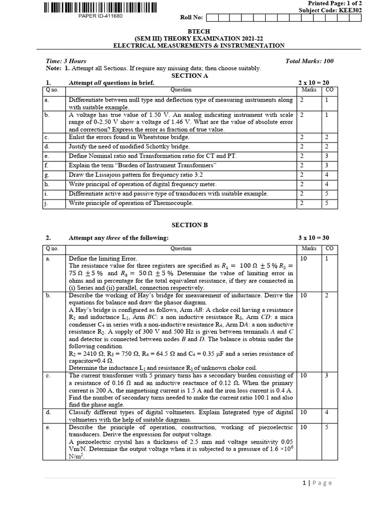 Btech Ee 3 Sem Electrical Measurements and Instrumentation Kee302 2022 ... Btech Ee 3 Sem Electrical Measurements and Instrumentation Kee302 2022 ...