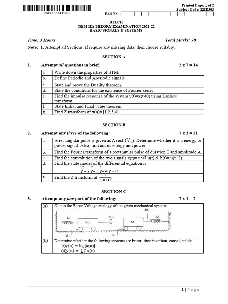 Btech Ee 3 Sem Basic Signals and Systems Ree303 2022 | PDF | Fourier Transform | Laplace Transform