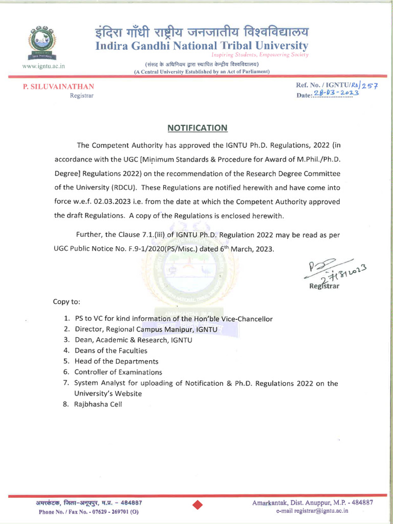 IGNTU PHD Regulations 2022 | PDF