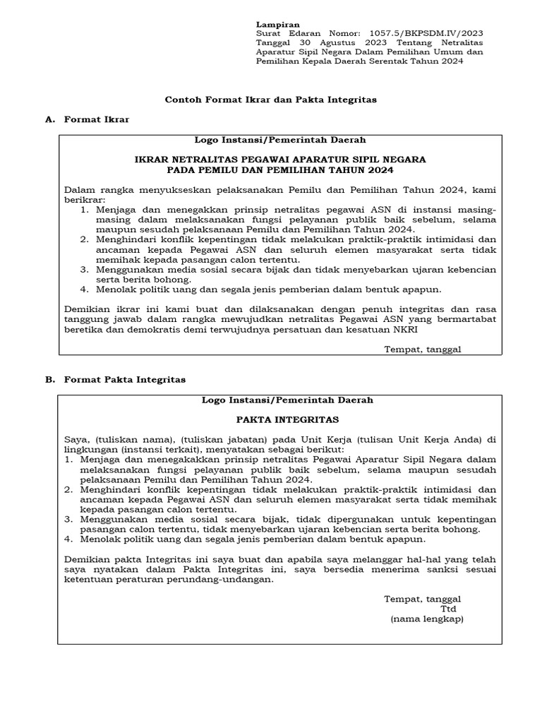 Format Ikrar Dan Pakta Integritas | PDF | Ilmu Sosial | Hukum